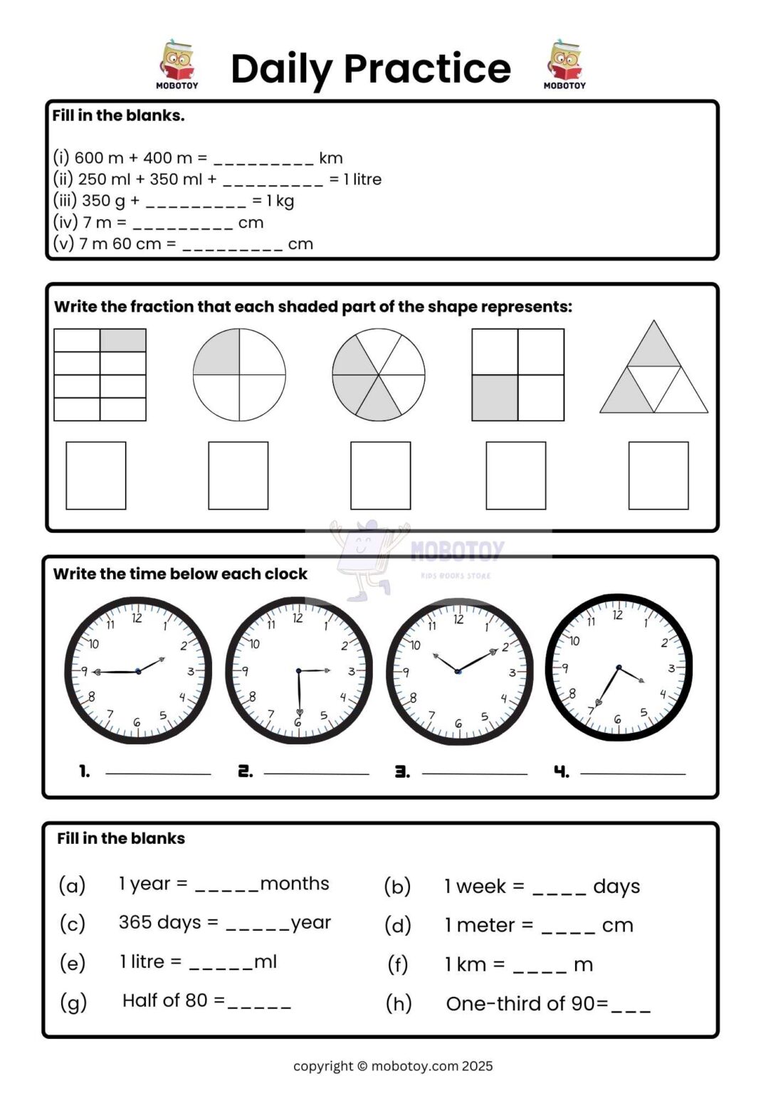 Best Measurement, Fraction & Time Worksheet for Class 3 - Mobotoy